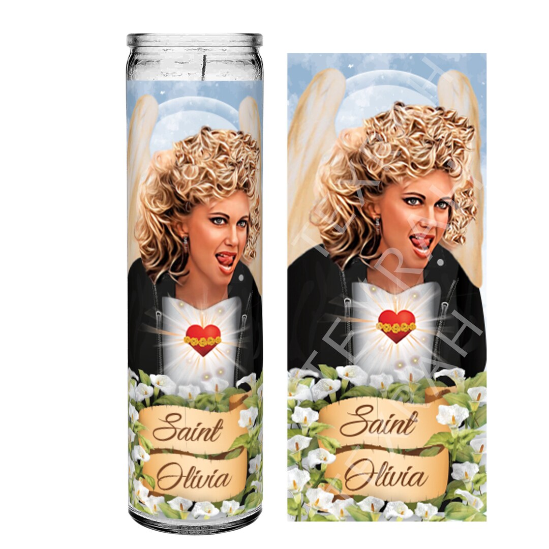 Saint Olivia Newton-john Celebrity Prayer Devotional Parody Candle, 8 White Unscented Glass - Etsy