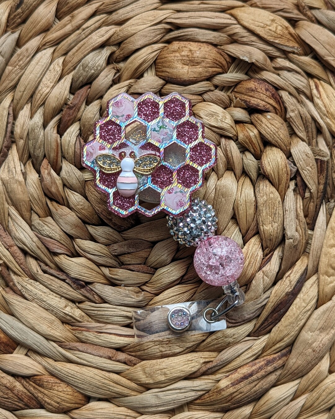 Pink Bumble Beee Badge Reel Honeycomb Badge Reel Glitter Badge Reel ...