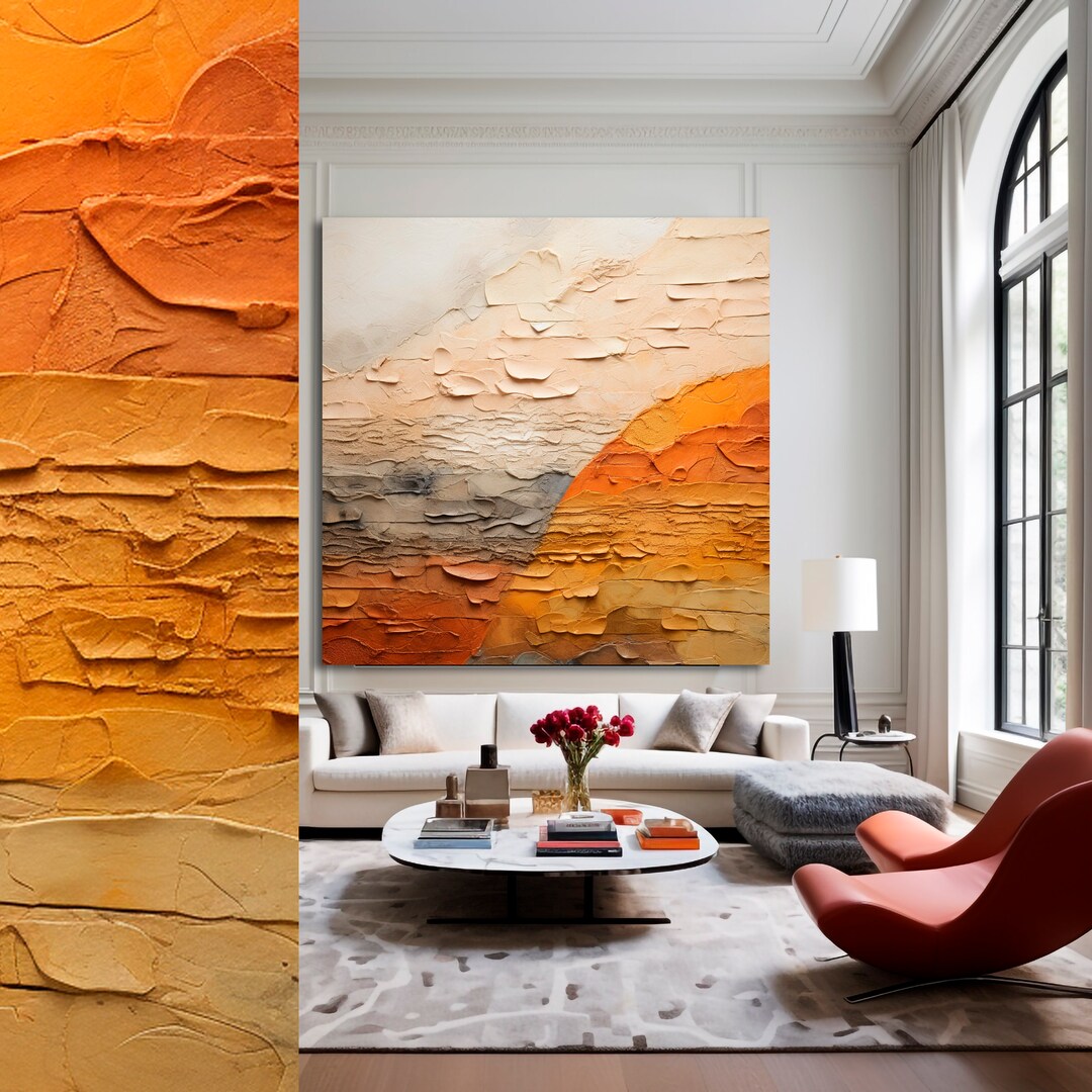 Heavy Texture Acrylic Painting on Canvas, Beige Artwork, Orange Wall ...
