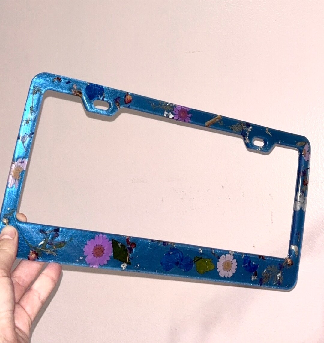 Blue License Plate Frame With Real Flowers - Etsy