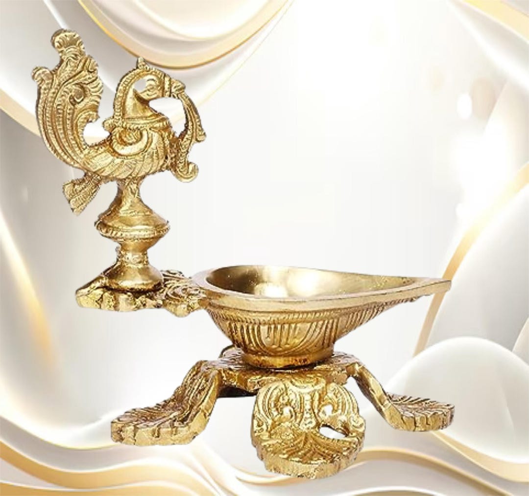 Brass Oil Lamp Deepam for Home Temple Aarti Peacock Design Oil Diya ...
