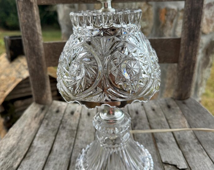 Vintage Boudoir Lamp Lead Crystal Cut Shade Ribbed Base Vanity Bedside ...