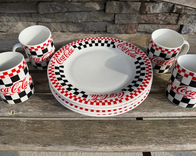 Red Black Checkered Colored Coca Cola Plates and Mugs Vintage 1999-2000 ...