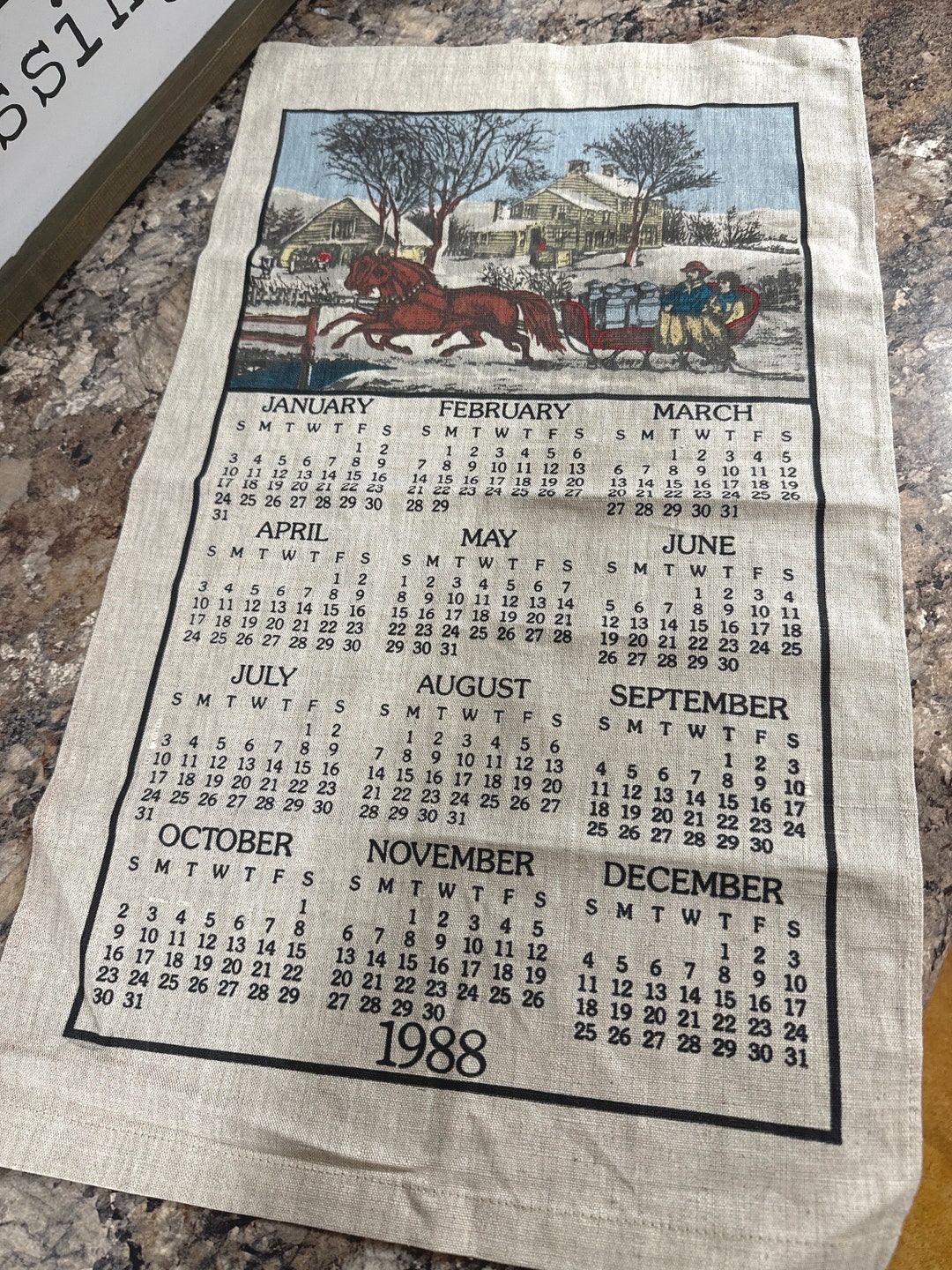 Vintage Linen Wall Calendar 1988 Sleigh Ride Tea Towel Farmhouse ...