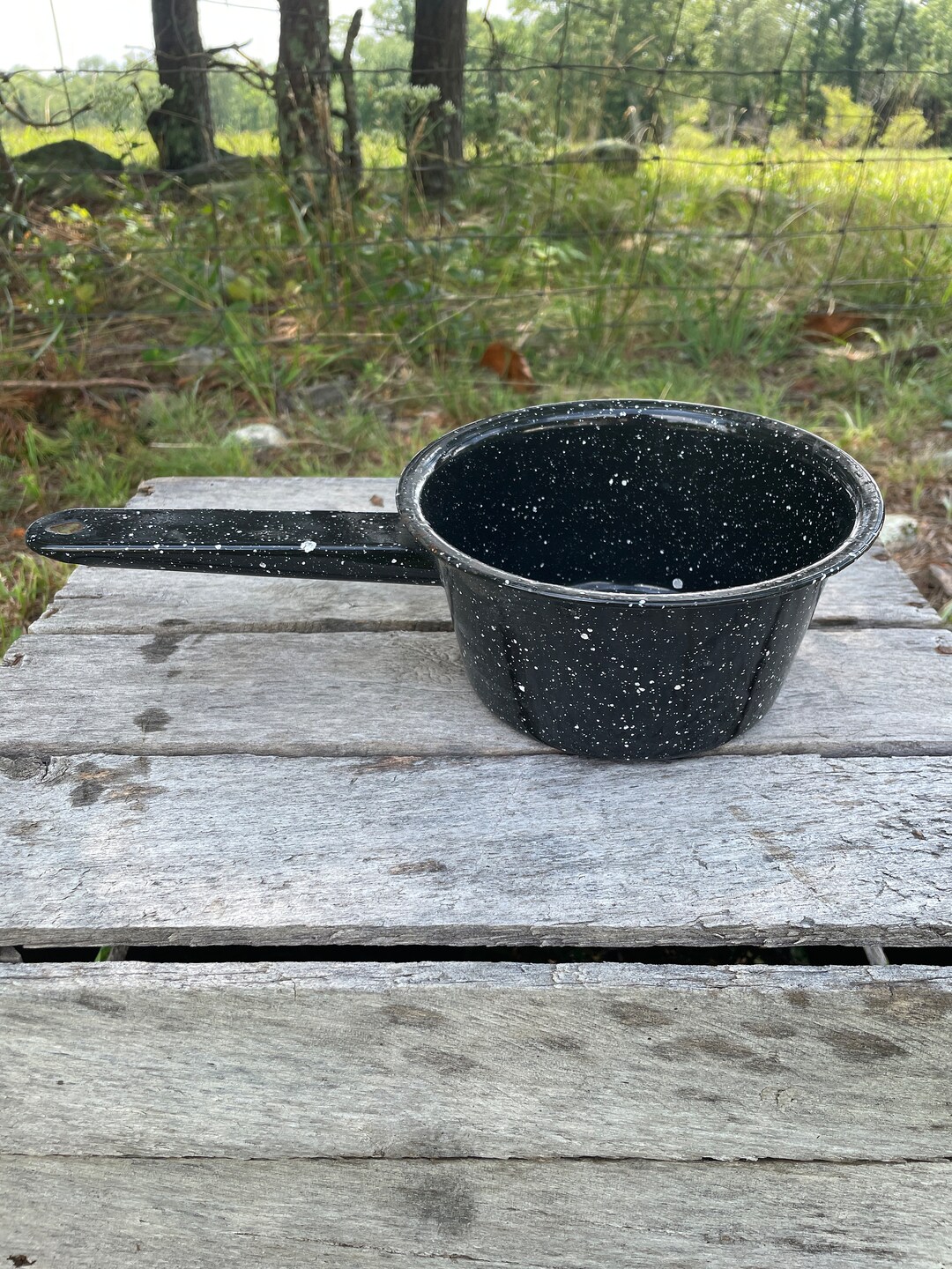 Vintage Enamelware Pot Black Splatter Ware Enamel Sauce Pan Rustic ...