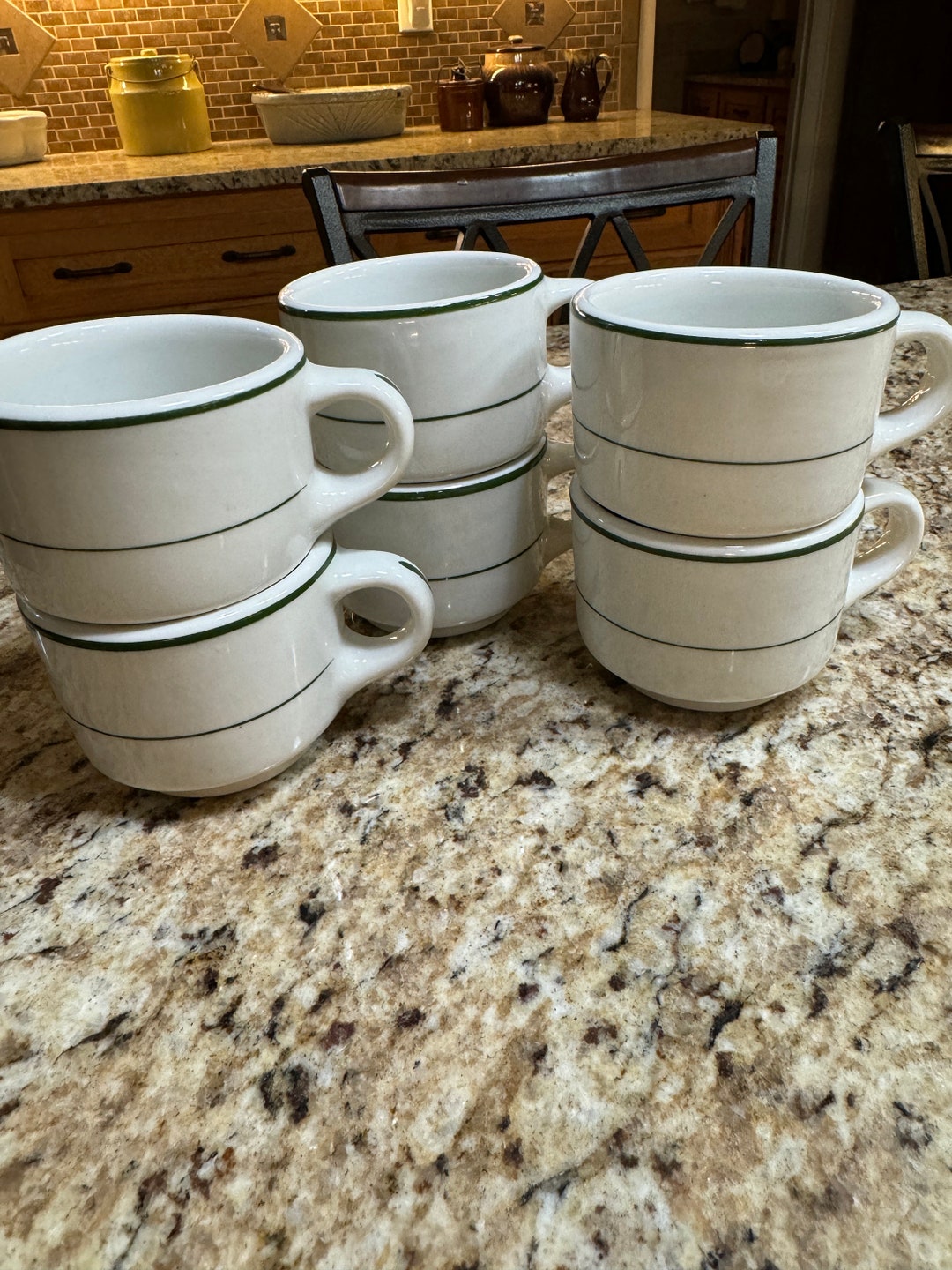 Caribe Diner Restaurant Ware Coffee Cups Vitrified China Green Bands ...