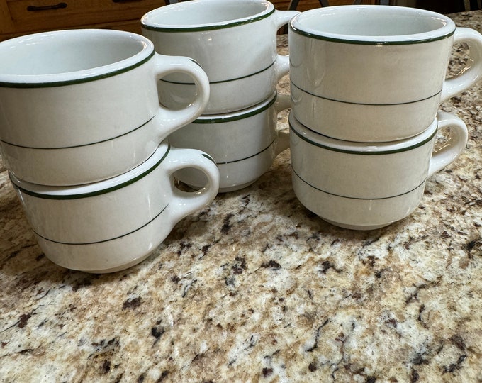 Caribe Diner Restaurant Ware Coffee Cups Vitrified China Green Bands ...