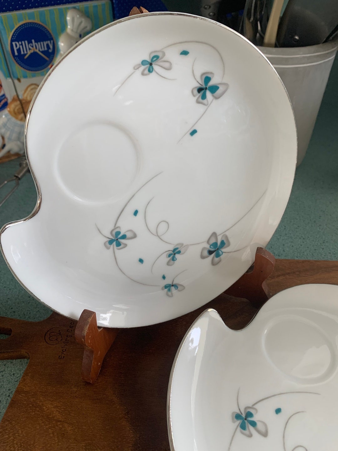 Vintage Grantcrest Japan Porcelain Snack Plates Aqua Blue Floral With ...