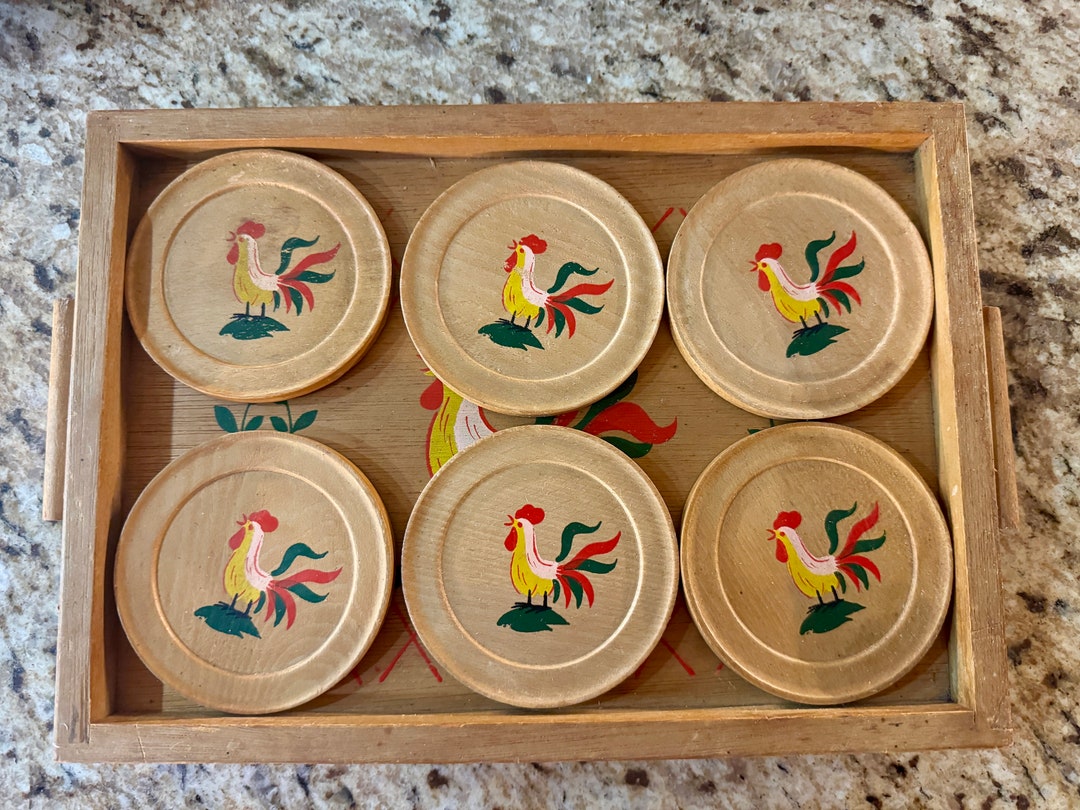 Vintage Wooden Coasters and Tray Primitive Style Roosters Hand Painted ...