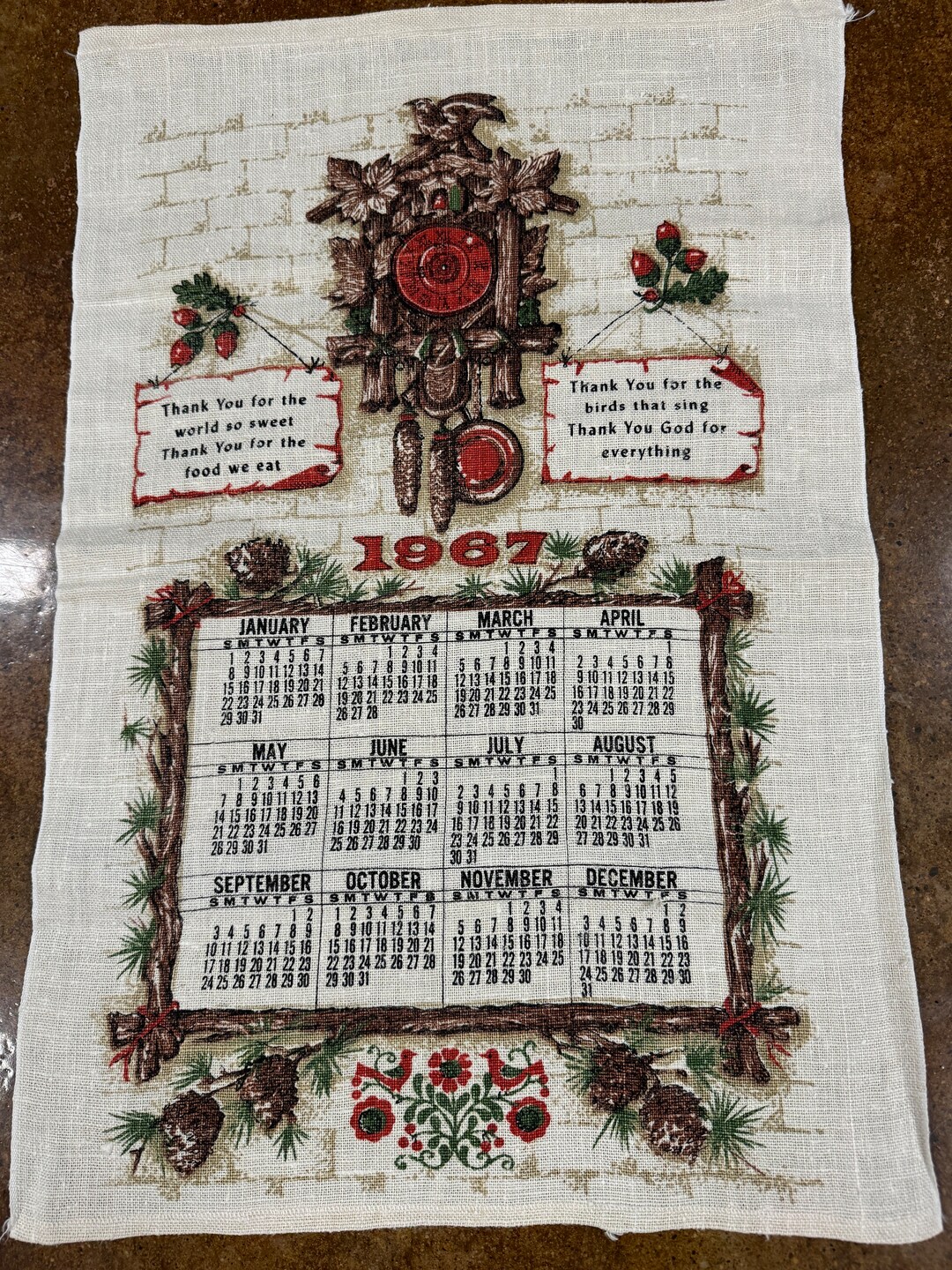Vintage 1967 Linen Wall Calendar Religious Tea Towel Cuckoo Clock ...