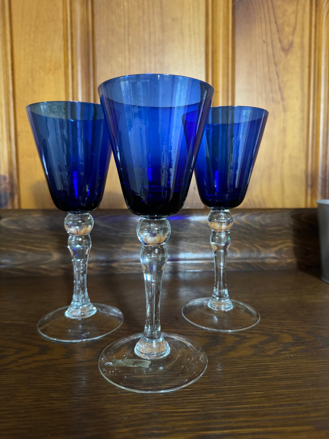 Cobalt Blue Blown Glass Water Goblets Christmas Stemware New Years ...