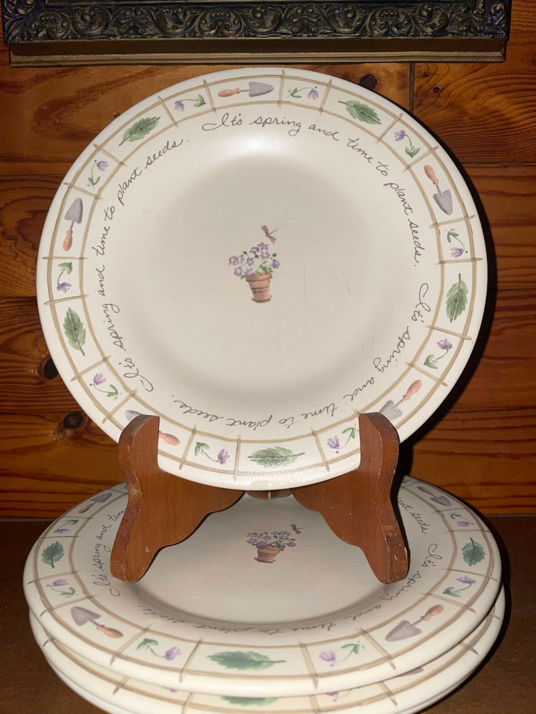 Pfaltzgraff Flower Garden Salad Side Plates Green Trim Flower Basket ...