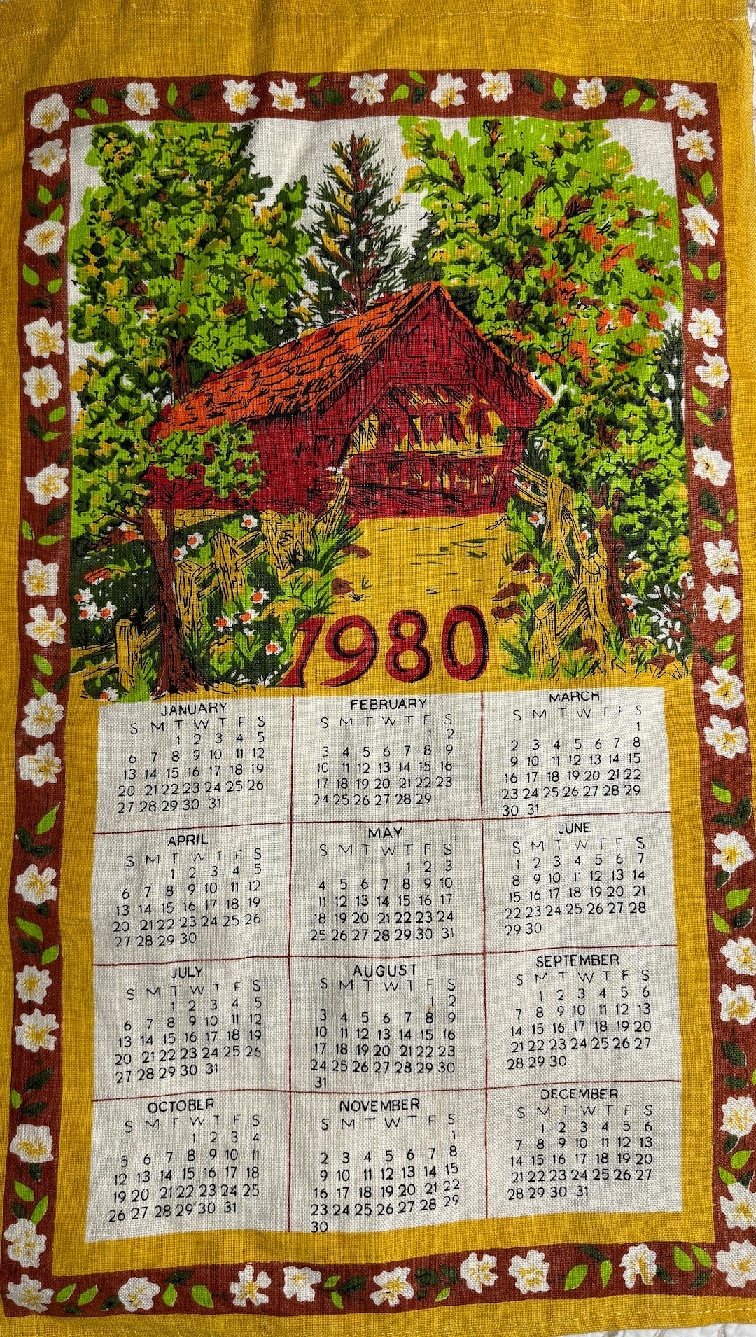 Vintage Linen Wall Calendar 1980 Red Barn Tea Towel Farmhouse Kitchen ...
