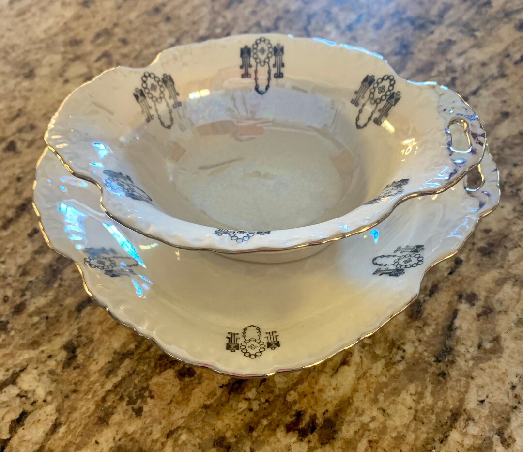 Antique Bowl Hermann Ohme Colonial Silverite Iridescent Geometric ...