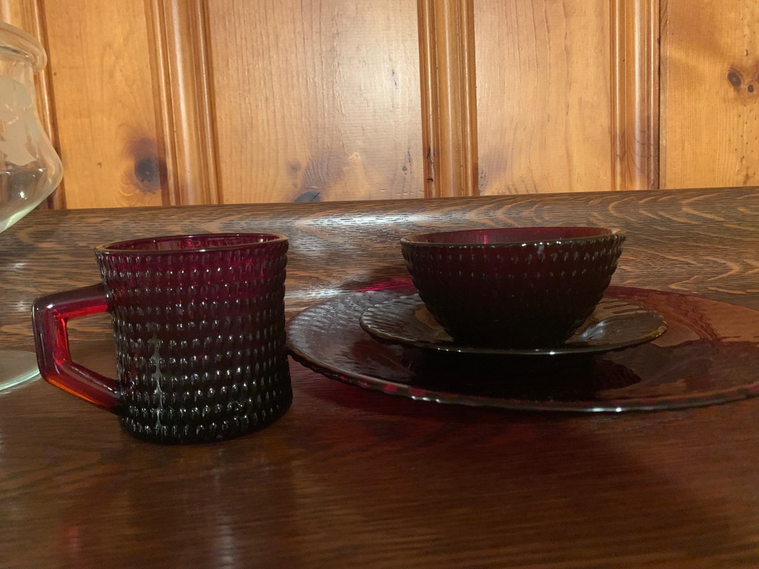 Vintage Ruby Red Glass Dinnerware Hobnail Basket Weave Glass Pattern 1 ...