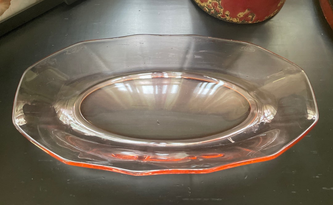 Vintage Pink Glass Oval Relish Dish Rose Glass Serving Bowl 12 Sided ...