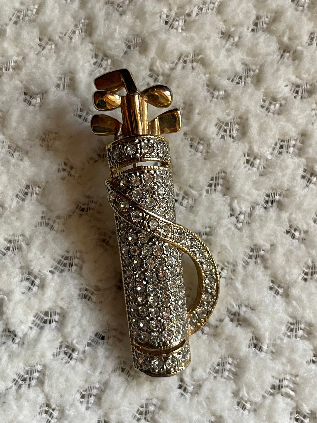 Golf Bag Brooch Lapel Pin White Stones Rhinestones Crystal Gold Tone ...