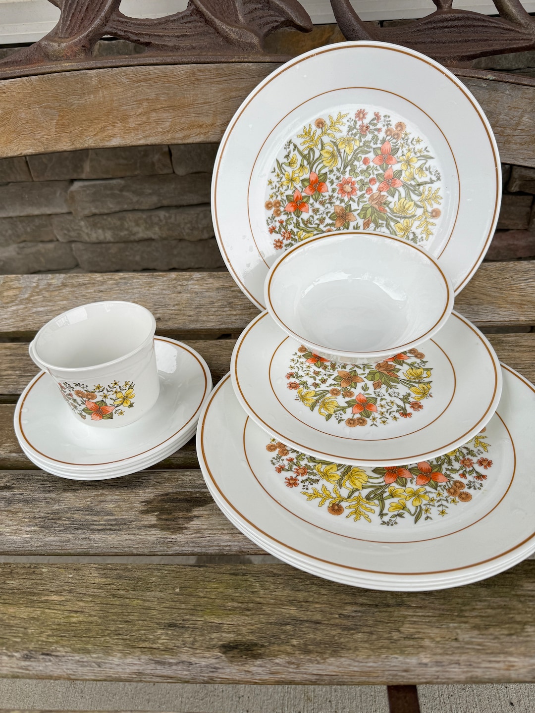 Vintage Corelle Indian Summer Dinnerware Set Green Yellow Orange Floral ...