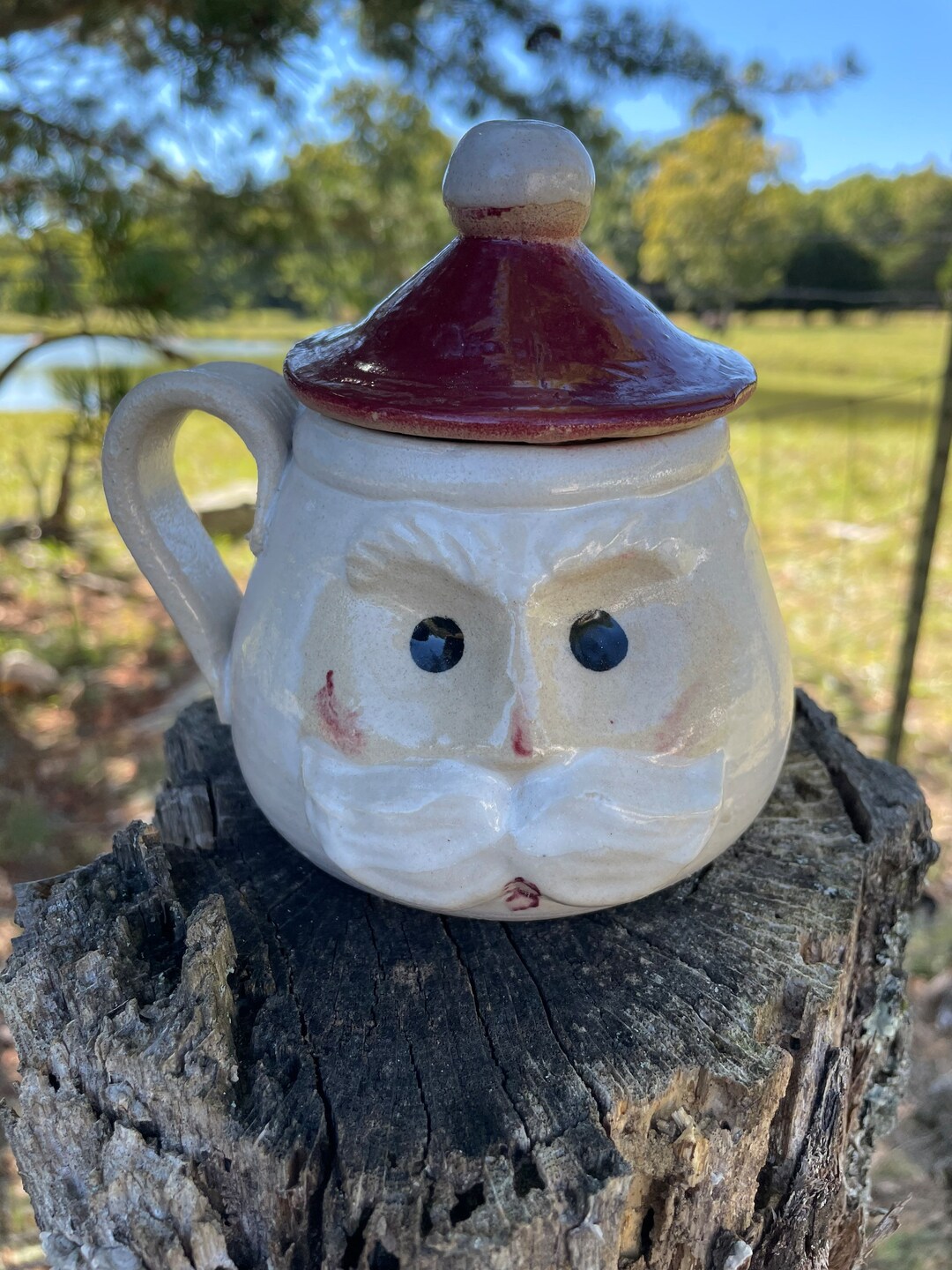Studio Pottery Santa Claus Mug With Lid Red White Christmas Salt Glazed ...