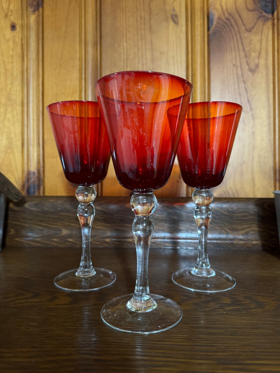 Ruby Red Blown Glass Water Goblets Christmas Stemware New Years Barware ...