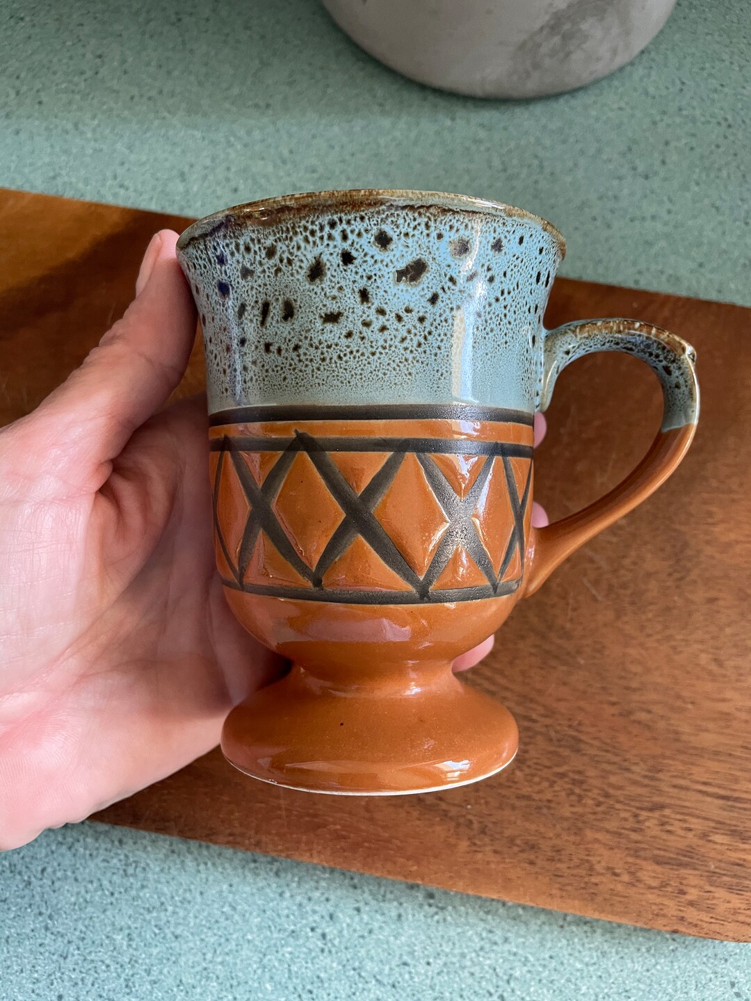 Hand Carved Pottery Mug Mottled Aqua Rust Studio Pottery Coffee Cup ...