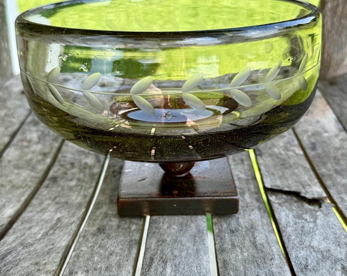 Jan Barboglio Art Glass Chalice Bowl Cast Iron Base Laurel Leaf Etched ...