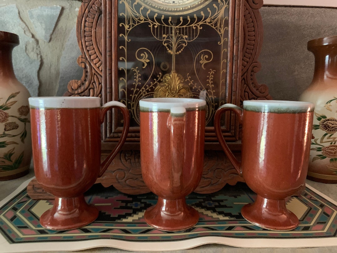 Rustic Stoneware Footed Mugs: Farmhouse Irish Coffee Cups, Set of 3 - Etsy