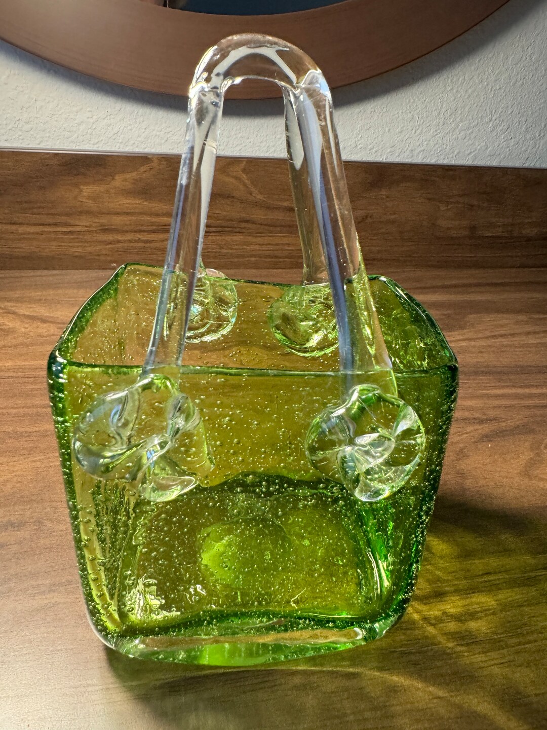 Hand Blown Glass Purse Green With Applied Handle Glass Basket Vintage ...