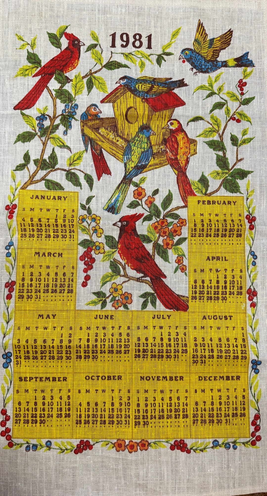 Vintage 1981 Linen Wall Calendar Birdhouse Cardinals Farmhouse