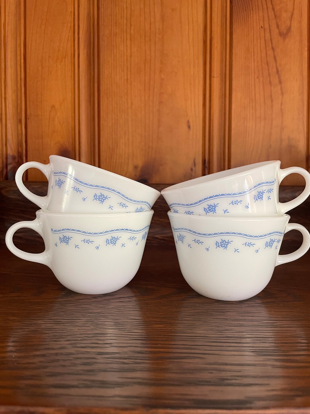 Pyrex Coffee Cups Morning Blue Floral Trim Platonite White Glass Cups ...