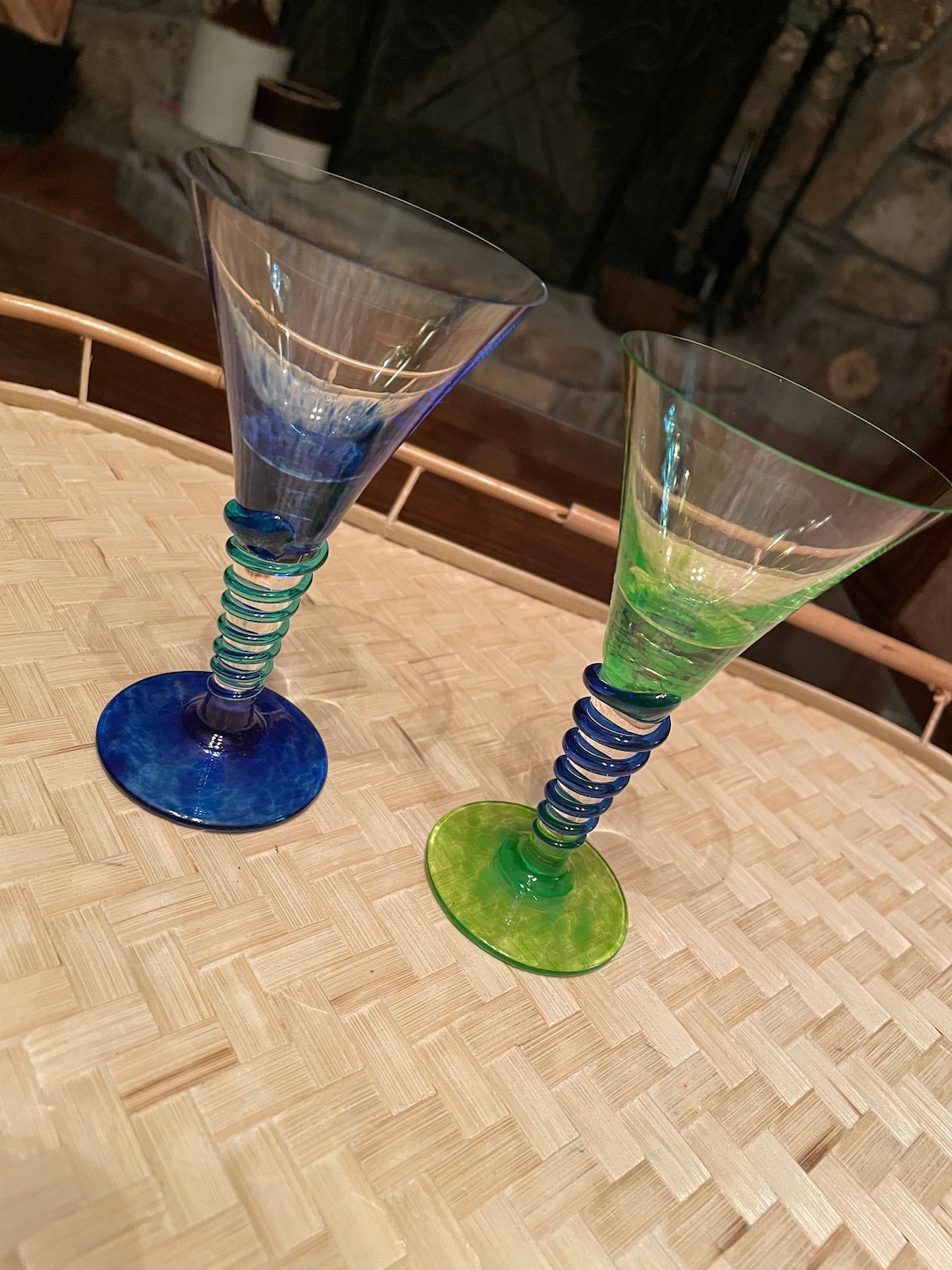 Hand Blown Colored Shot Glasses Stemmed Barware Cobalt and Green Blown ...