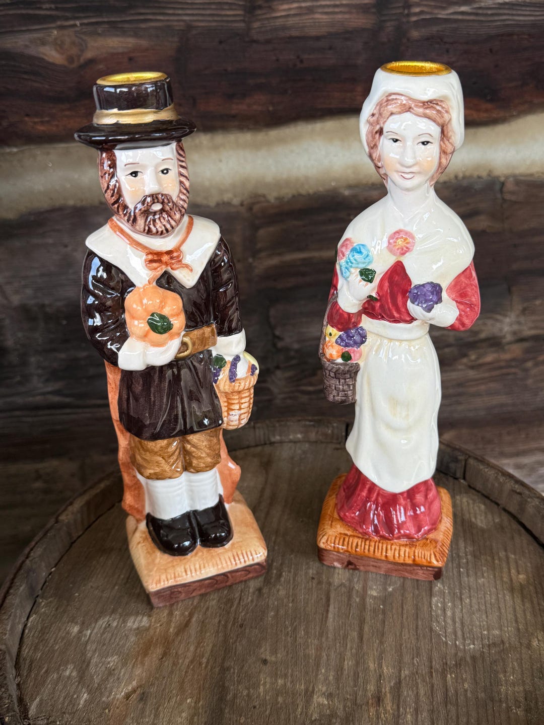Pilgrim Candlesticks Thanksgiving Decor Couple Figurine Ceramic WBI Set ...