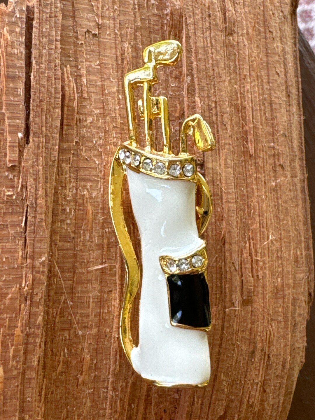 Golf Bag Brooch Lapel Pin White Stones Rhinestones Crystal Gold Tone ...
