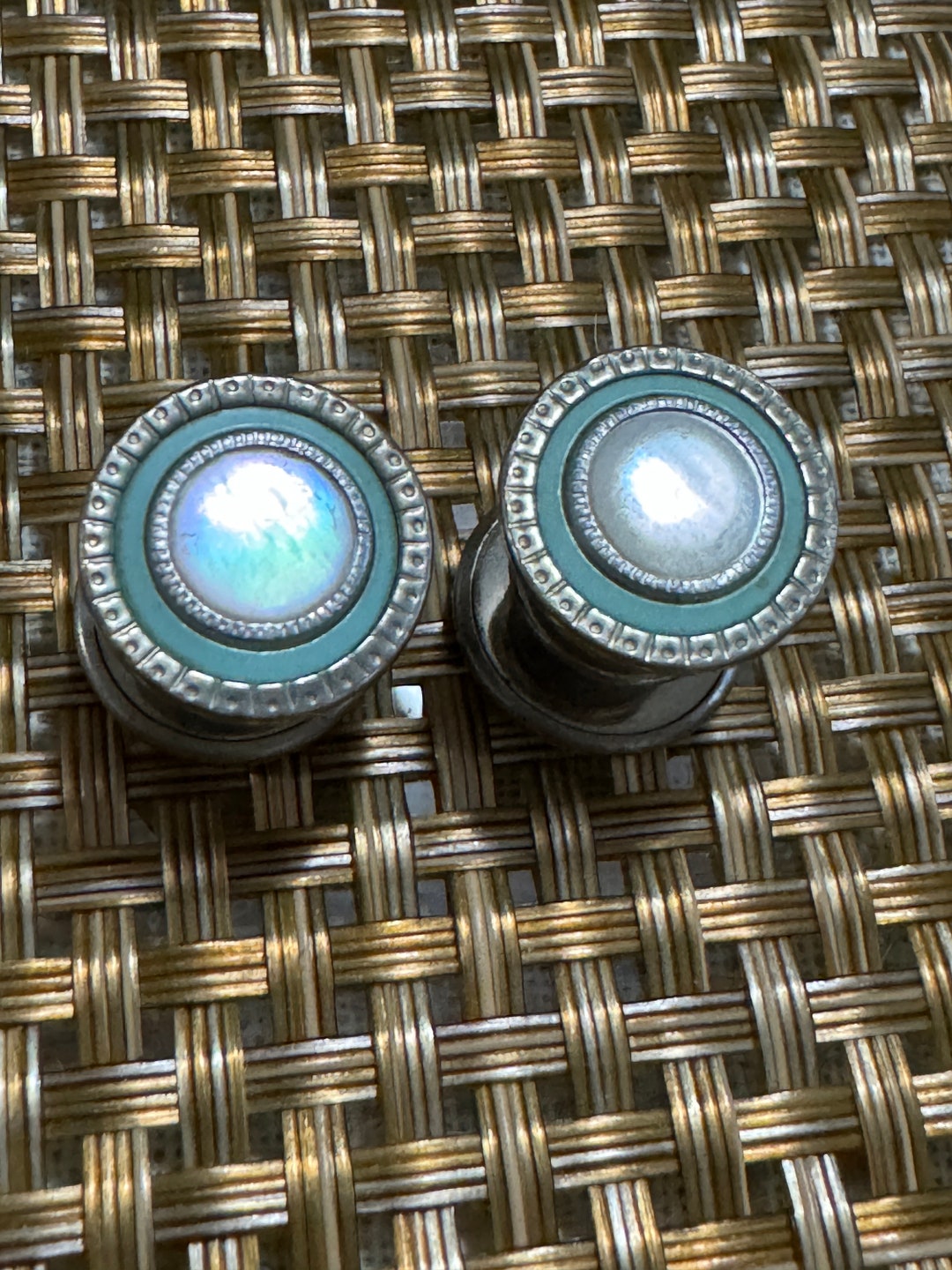 Art Deco Cufflinks Snap Link Mother of Pearl Center Aqua Trim Silver ...