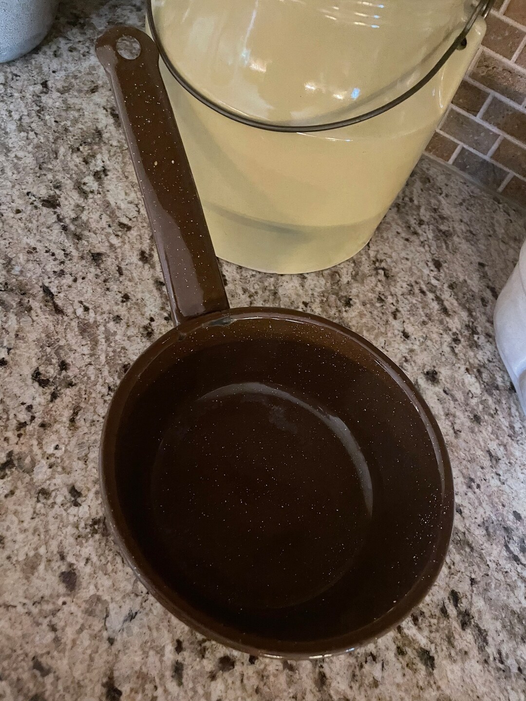 Vintage Enamelware Pot, Brown Splatter Ware Enamel Sauce Pan, Rustic ...