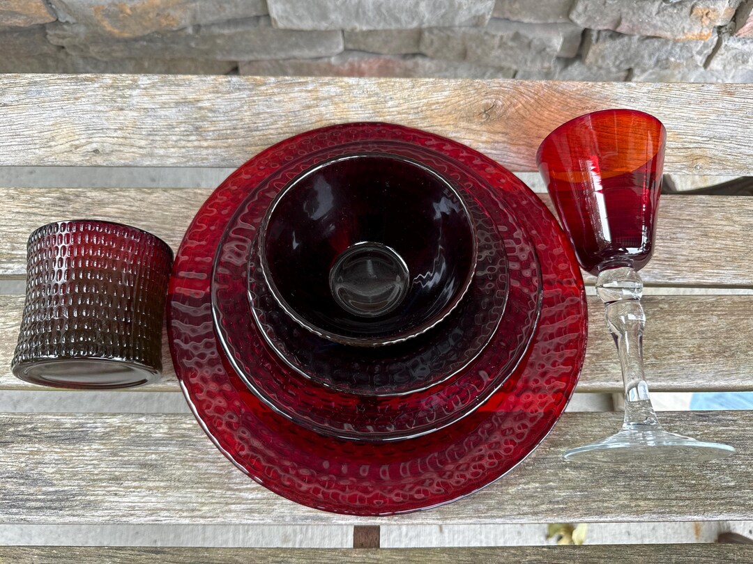Vintage Ruby Red Glass Dinnerware Red Wine Glasses Hobnail Basket Weave ...