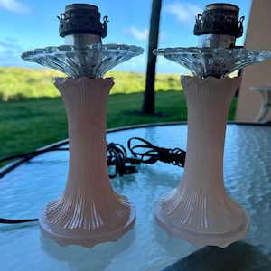 Vintage Boudoir Lamps Pink Base Ribbed Sides Clear Glass Collar Vanity ...