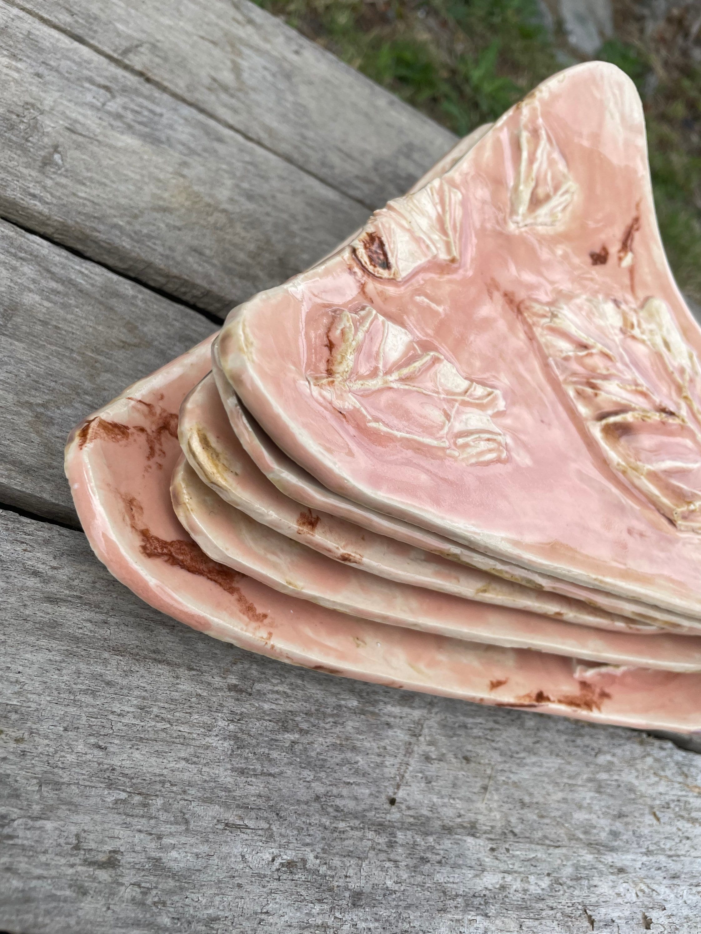 Studio Pottery Triangular Snack Plates Salmon Pink Leaf - Etsy