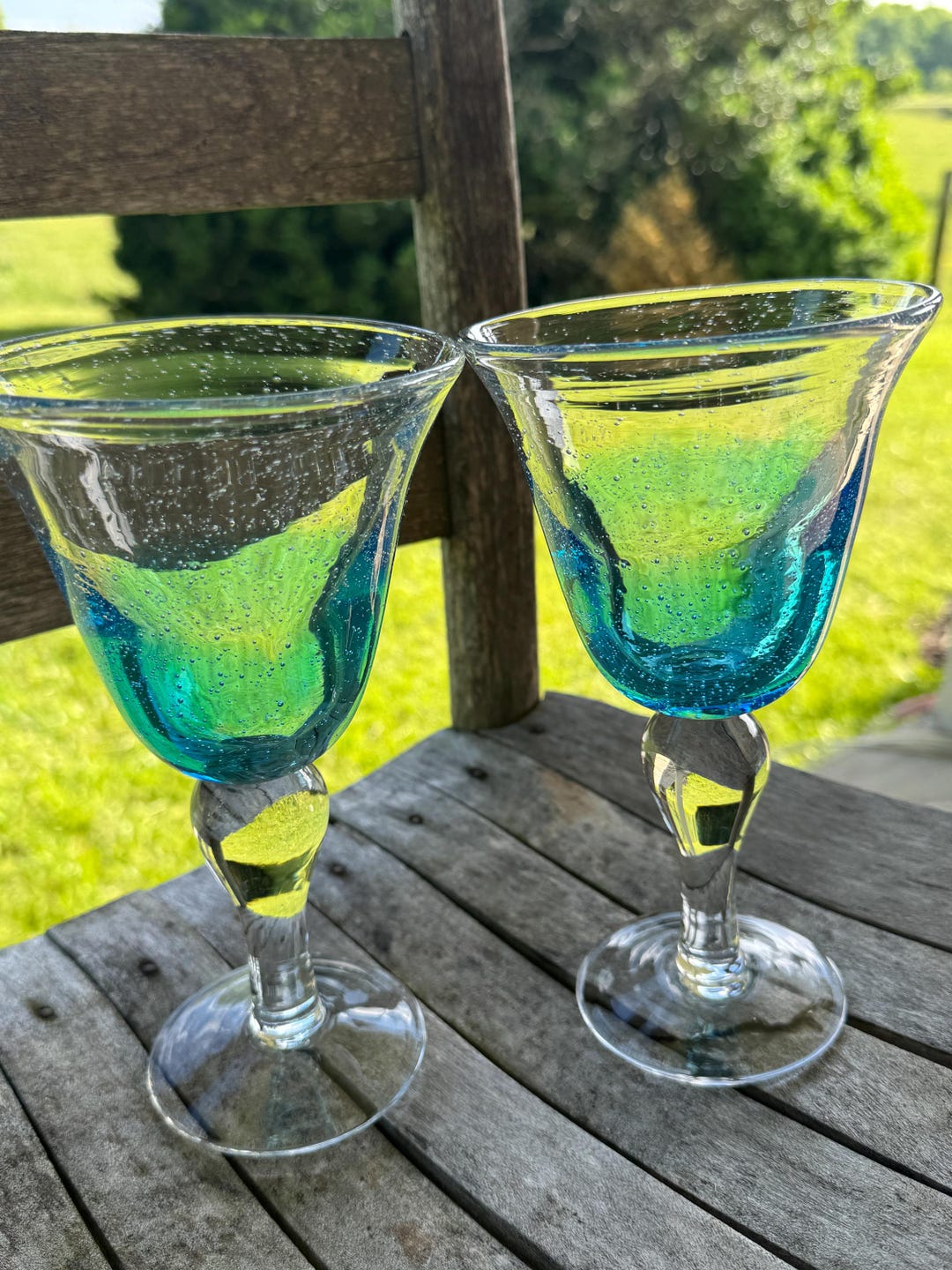 Hand Blown Aqua Blue Glass Goblets Pier 1 Bubble Glass Wine Glasses ...