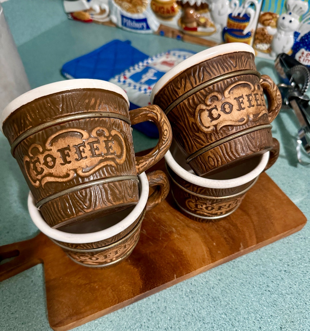 Treasure Craft Stoneware Coffee Mugs Barrel-shaped Rustic Cups Set of 4 ...