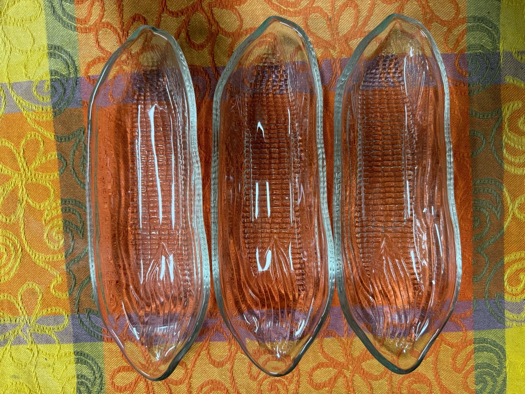 Vintage Corn on the Cob Dishes Clear Glass Textured Corn Trays Serving ...