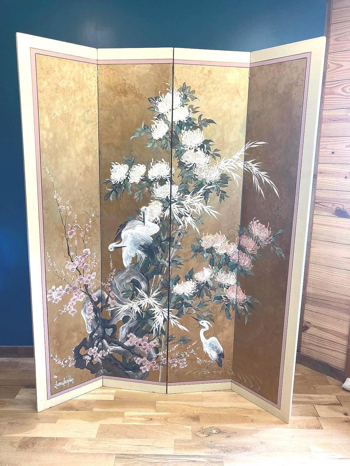 Midcentury Lucien Leinfelder Hand Painted Wood Large Four-panel Asian ...