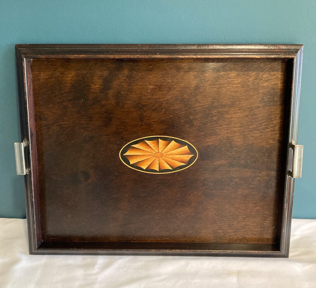 Antique Inlaid Mahogany Tray With Metal Handles - Etsy