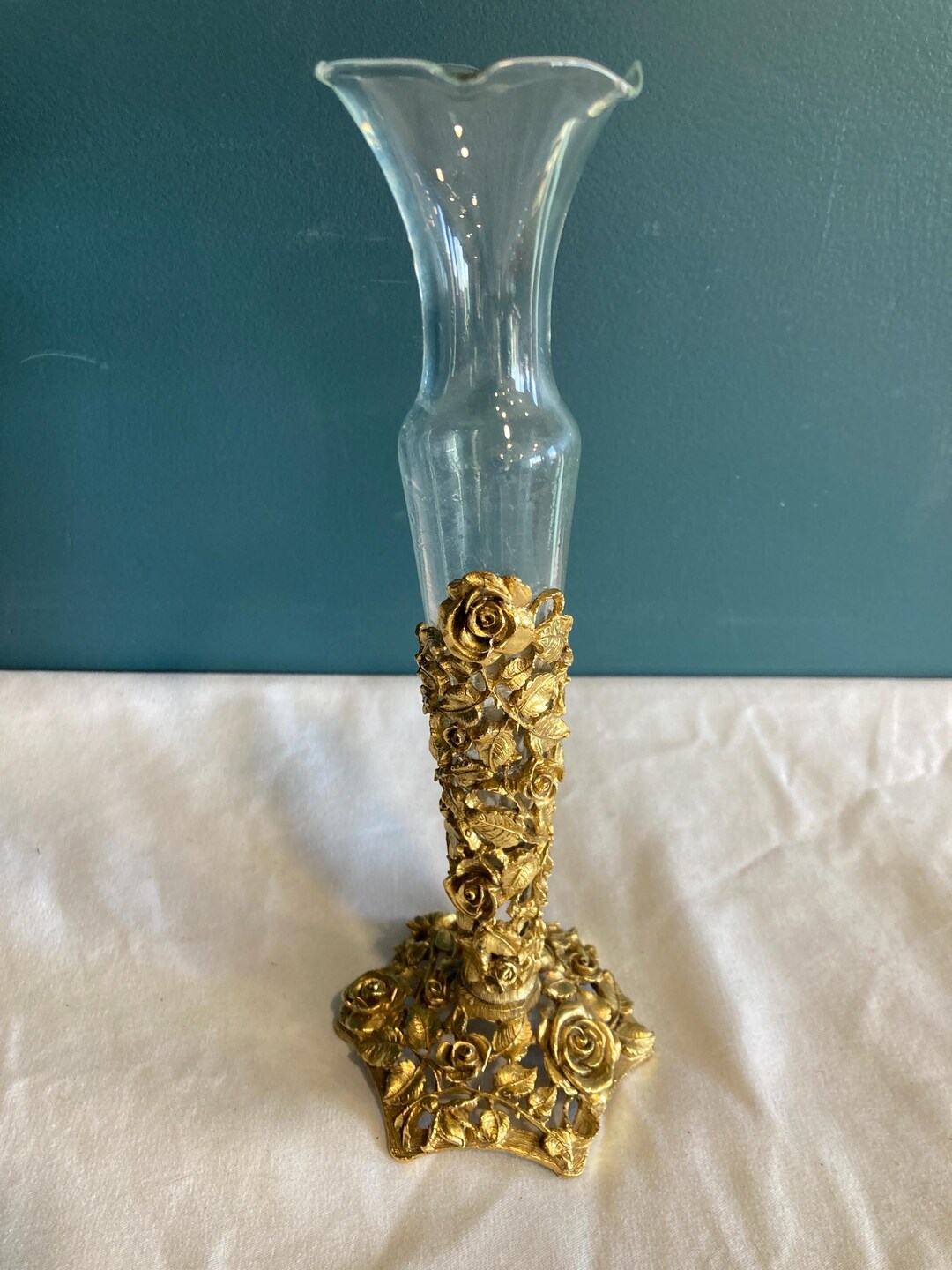 Vintage Matson Brass Roses Bud Vase With Glass Insert - Etsy