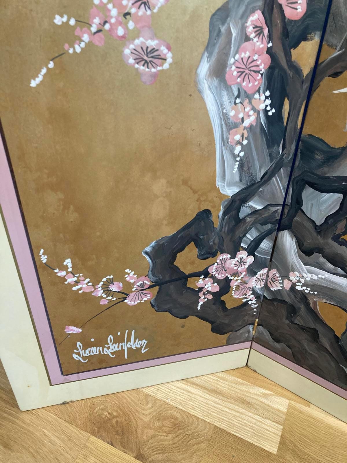 Midcentury Lucien Leinfelder Hand Painted Wood Large Four-panel Asian ...