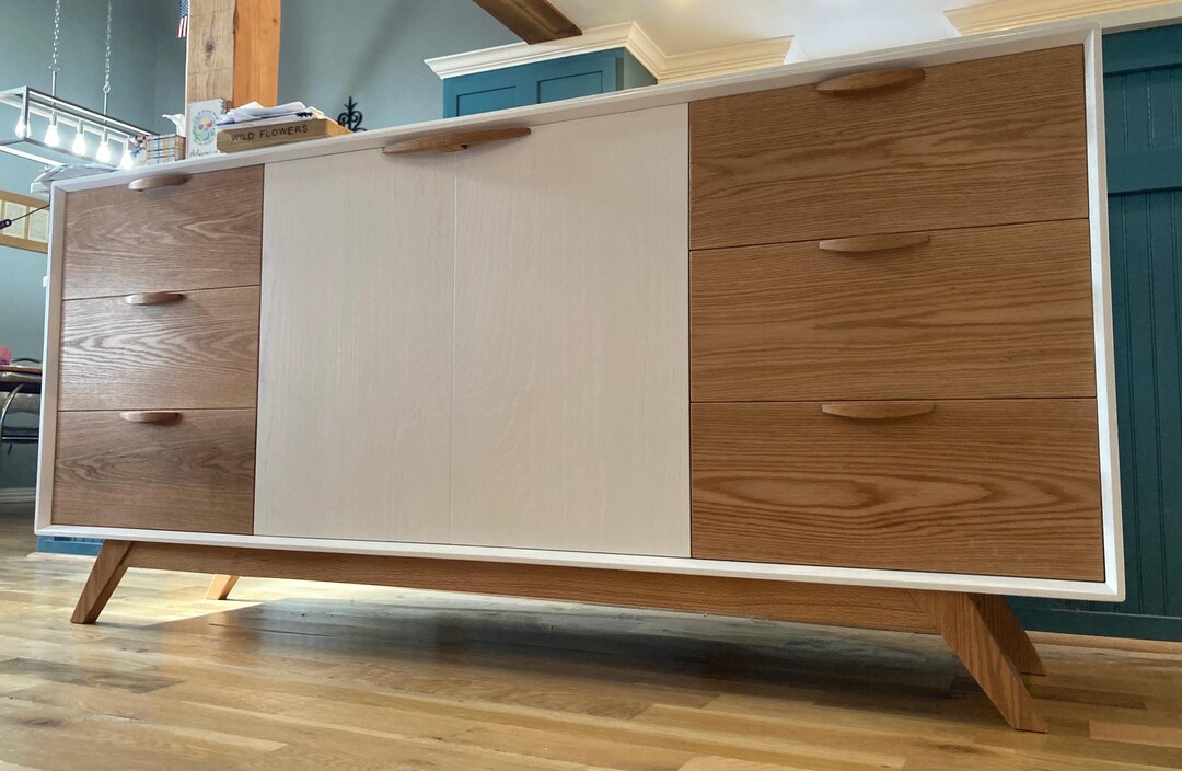 Handcrafted White Solid Oak MCM Cabinet Buffet Sideboard With 6 Drawers ...