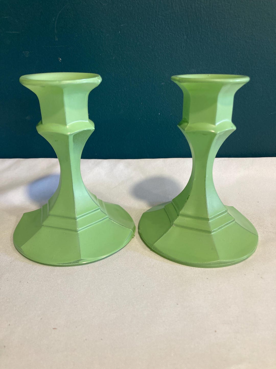 Vintage Green Painted Glass Candlesticks, Set of 2 - Etsy