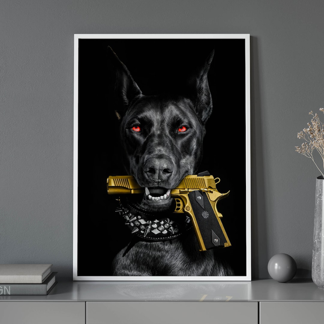 Bold and Intense Black Dog With Gold Gun Art Print | Edgy Canine Poster ...
