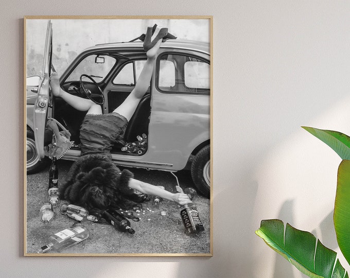Drunk Girl, Wasted, Retro Car, Vintage Print, Black and White, Feminist ...