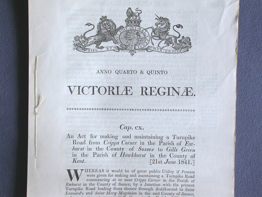 19th Century Printed Act of Parliament Dated 1841 – Turnpike Road From ...